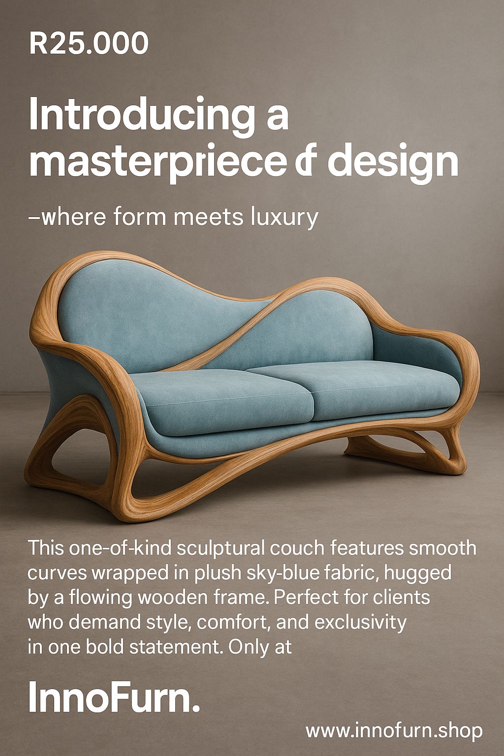 Sculptural Sky-Blue Couch with Flowing Wooden Frame - Inno Furn